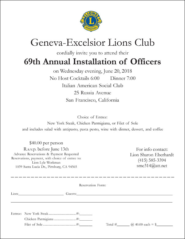Geneva Excelsior Lions Club, San Francisco, California USA